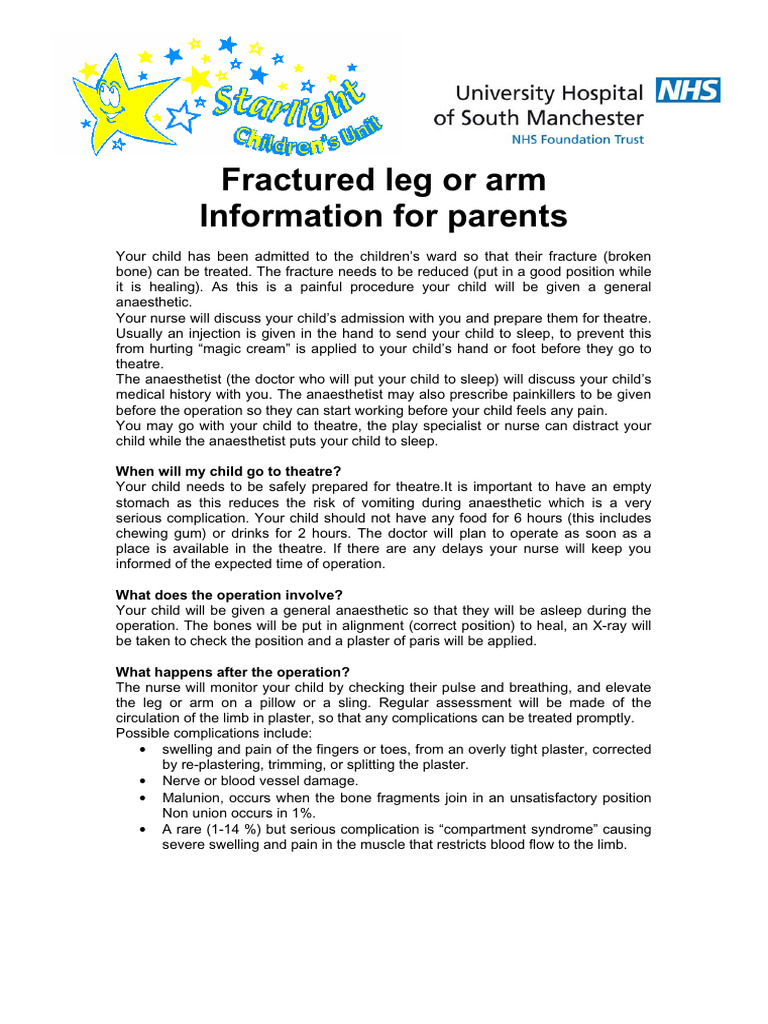 Fractured Leg or Arm Information For Parents - UHSM | PDF | Anesthesia ...