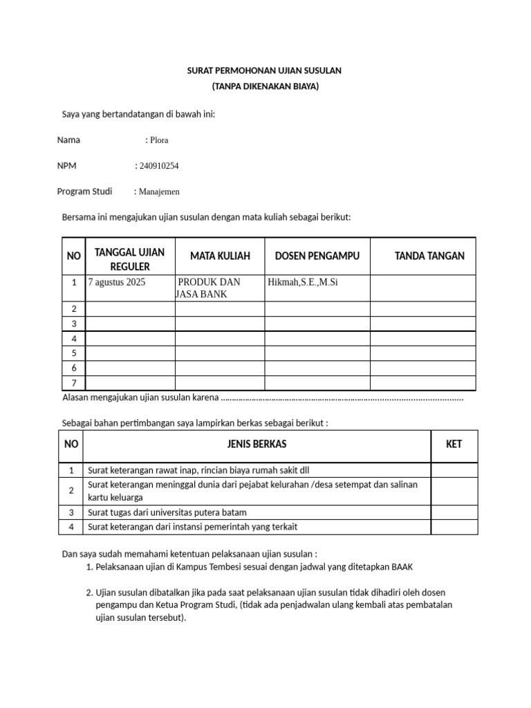 Form Pengajuan Ujian Susulan Tidak Dikenakan Biaya Rev 13022018 | PDF