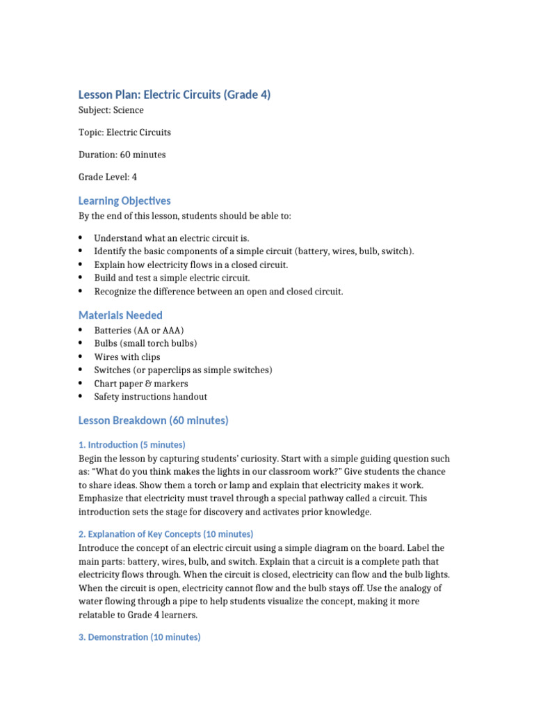 Grade 4 Electric Circuits Lesson Plan | PDF | Electricity | Flashlight