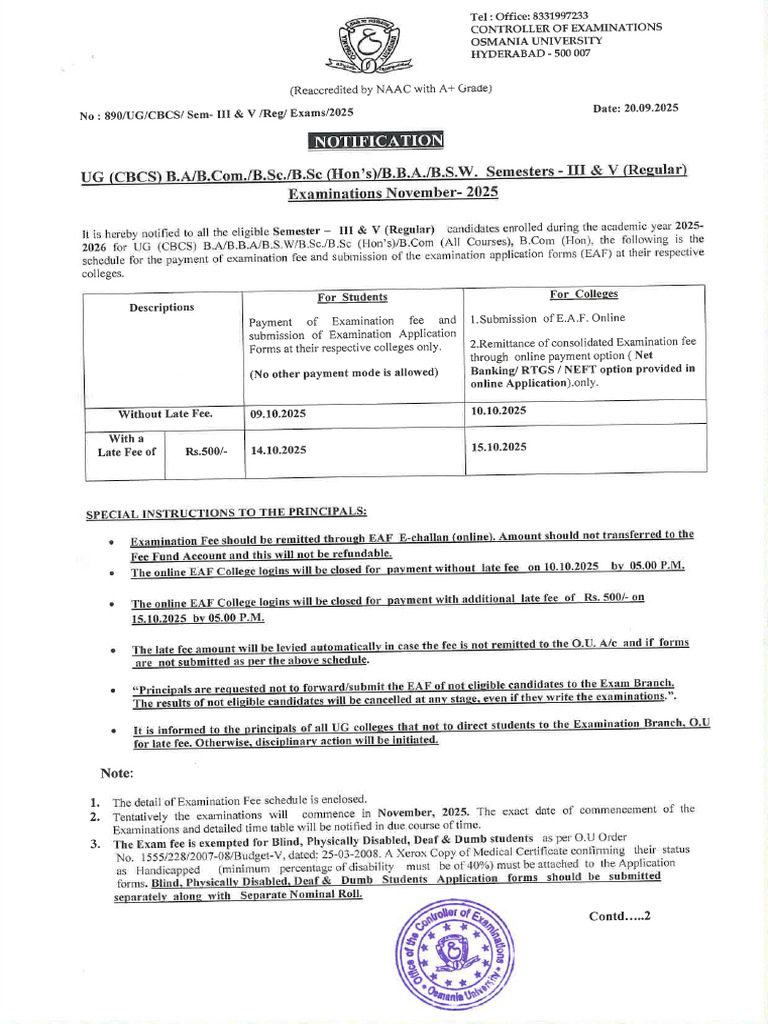 OU UG (CBCS) III, V Semester Regular Examinations Notification ...