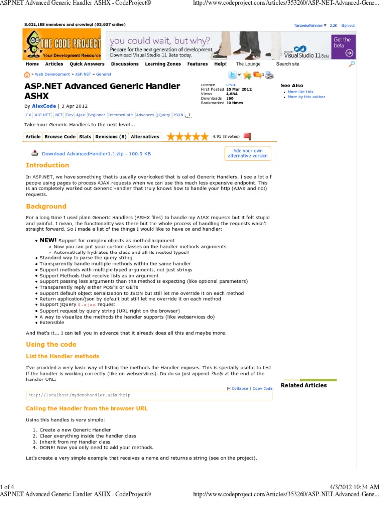 Advanced Generic Handler ASHX - CodeProject® | PDF | Ajax (Programming) | Parameter (Computer ...