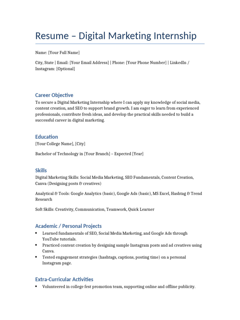 Digital Marketing Intern Resume | PDF
