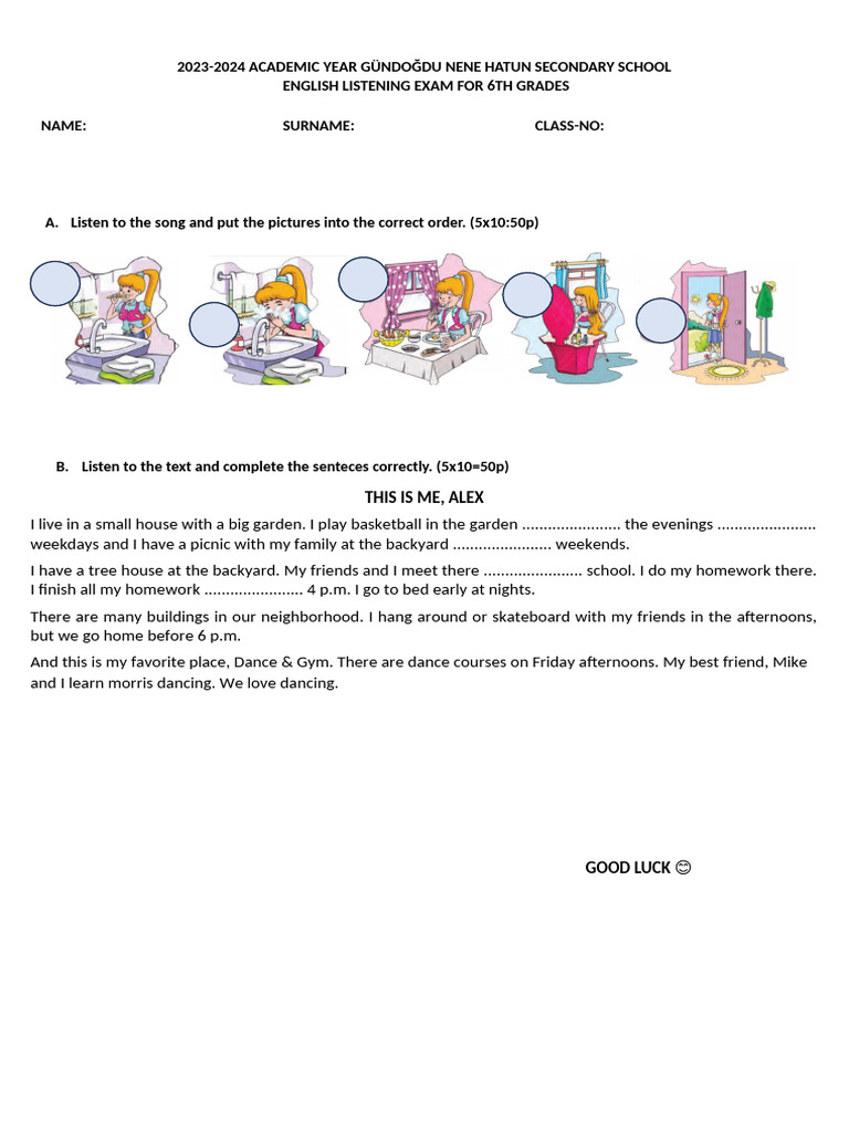 6th Grade English Listening Exam 2023-24 | PDF