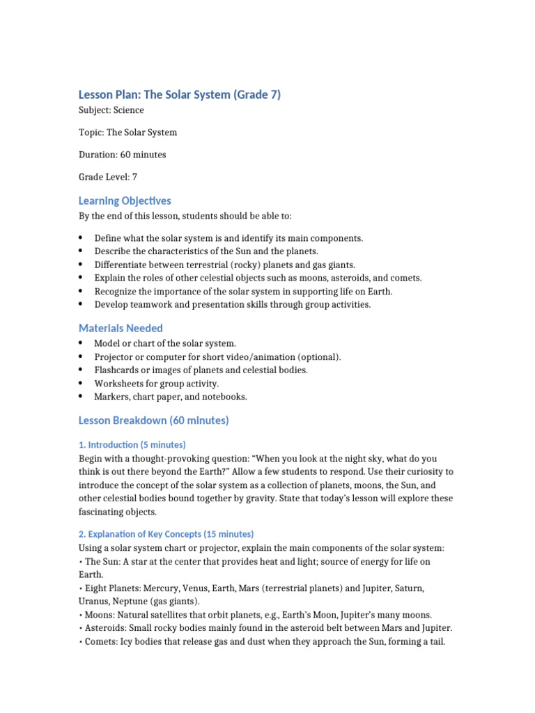 Lesson Plan Solar System Grade7 | PDF | Solar System | Planets