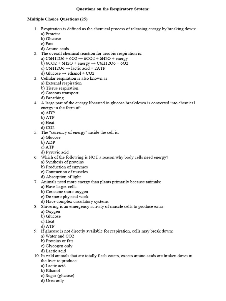 Respiratory System Quiz: MCQs & Answers | PDF | Respiratory System ...