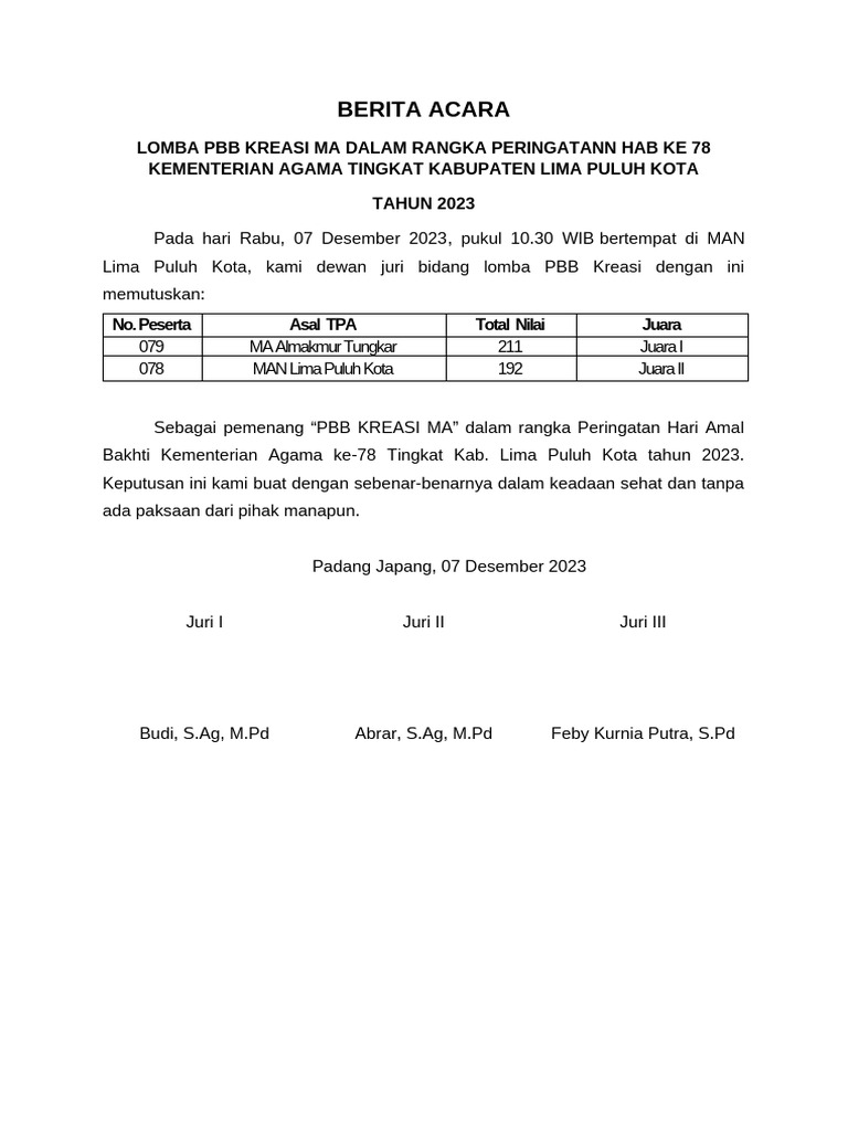 Hasil Lomba PBB Kreasi MA 2023 | PDF