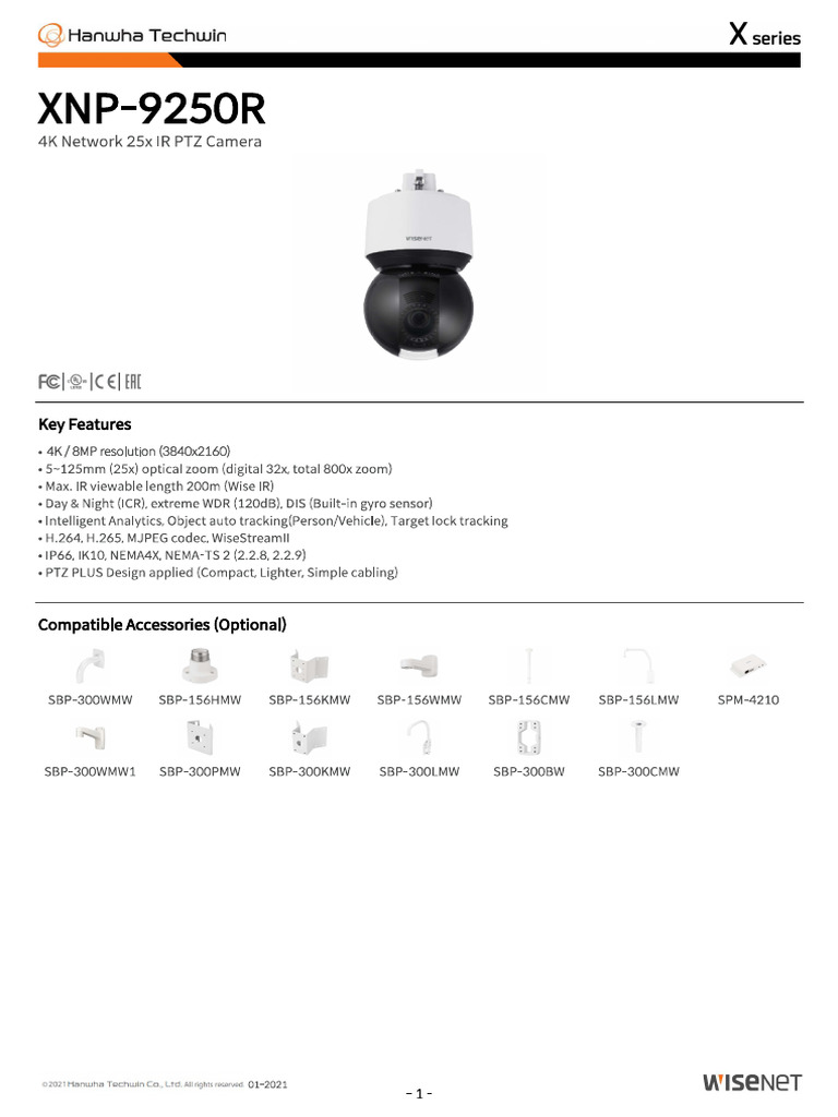 8MP Dome PTZ, 25x IR Speed Dome Camera Hanwha XNP-9250R | PDF