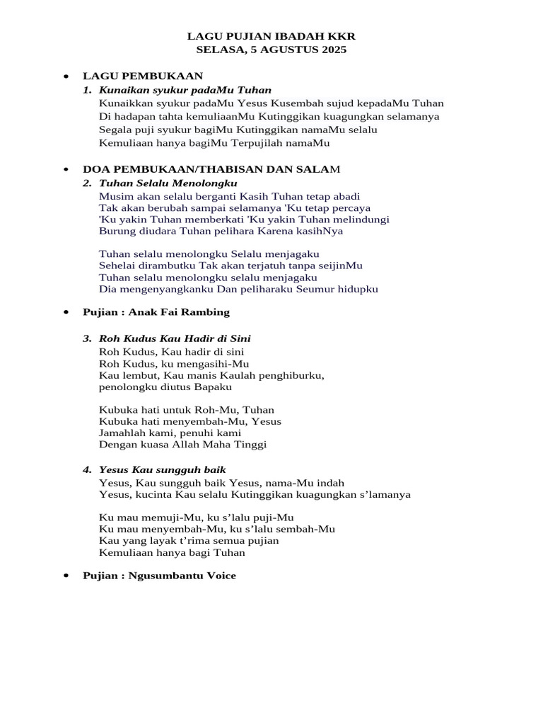 Lagu Pujian Ibadah KKR 5 Agustus 2025 | PDF