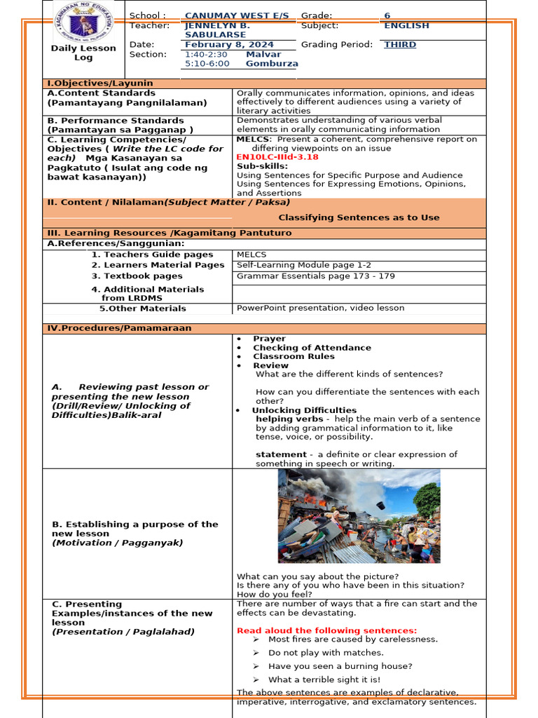 Grade 6 English Lesson Plan: Sentences | PDF | Sentence (Linguistics ...