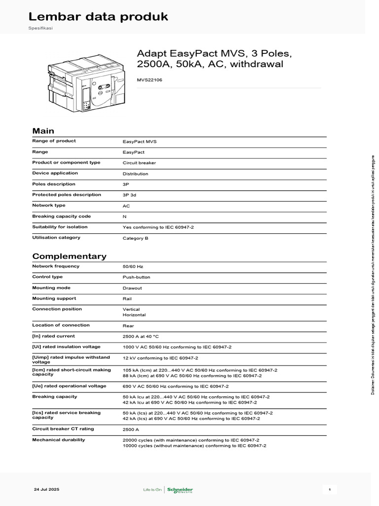 Schneider Electric ACB Air Circuit Breaker EasyPact MVS MVS22106 | PDF ...