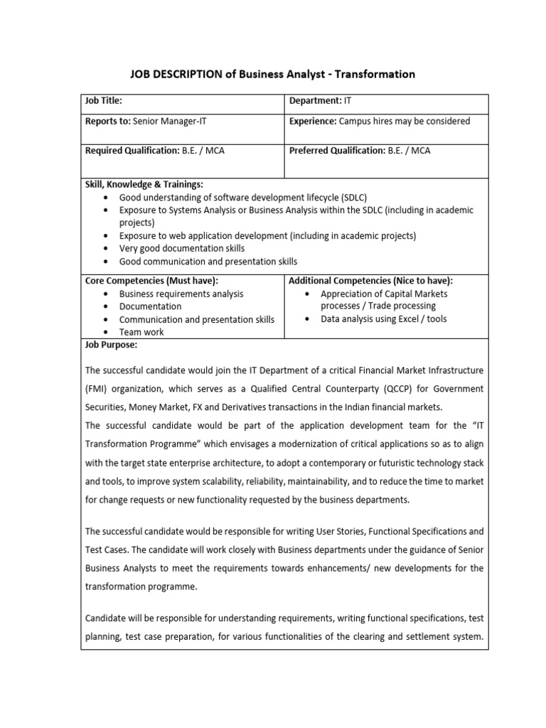 Business Analyst Job Description - IT Transformation | PDF | Software ...