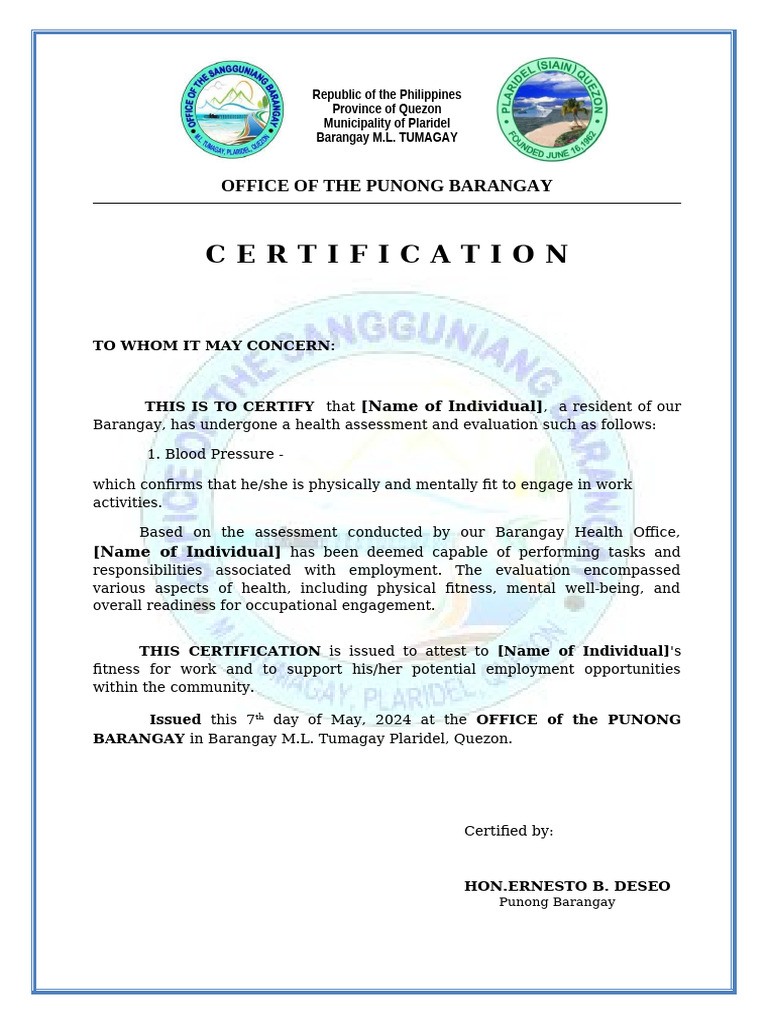 Brgy Health Certification | PDF