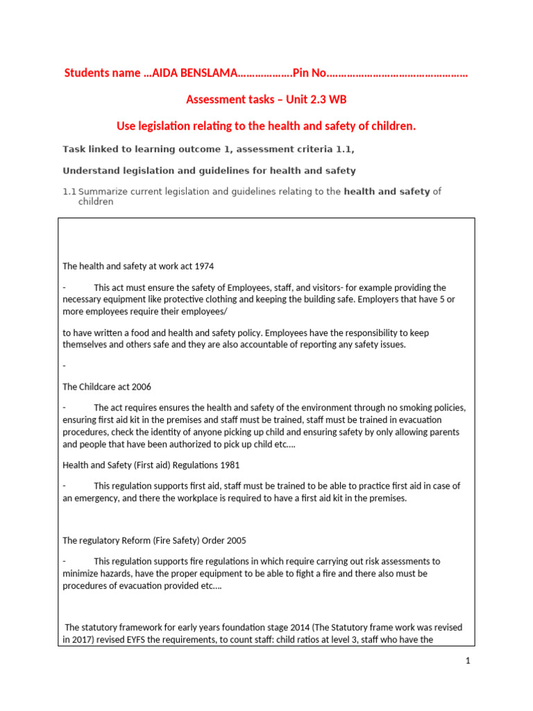 Unit 2.3 Health and Safety Homework | PDF | Occupational Safety And ...