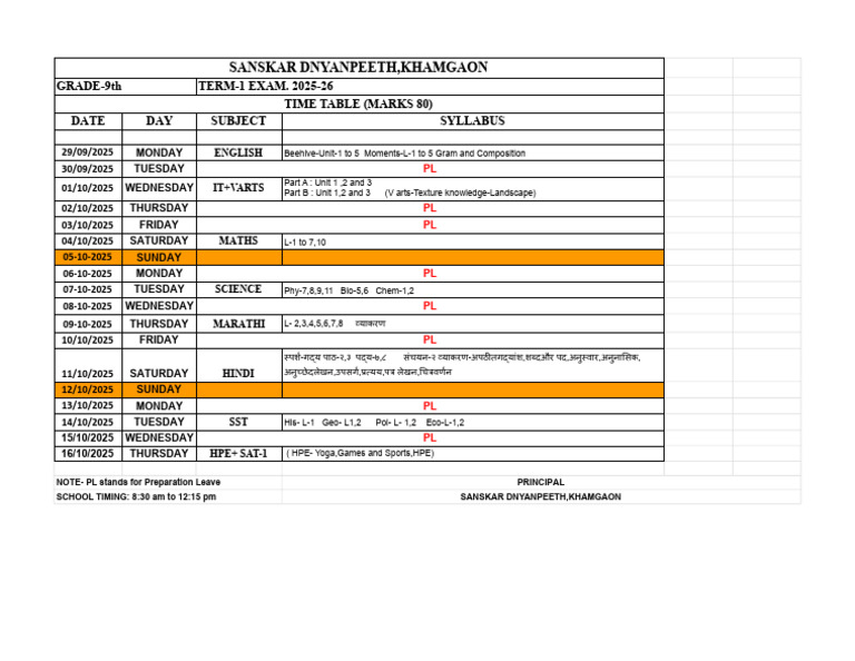 Khamgaon 9th Grade Term 1 Exam Timetable | PDF