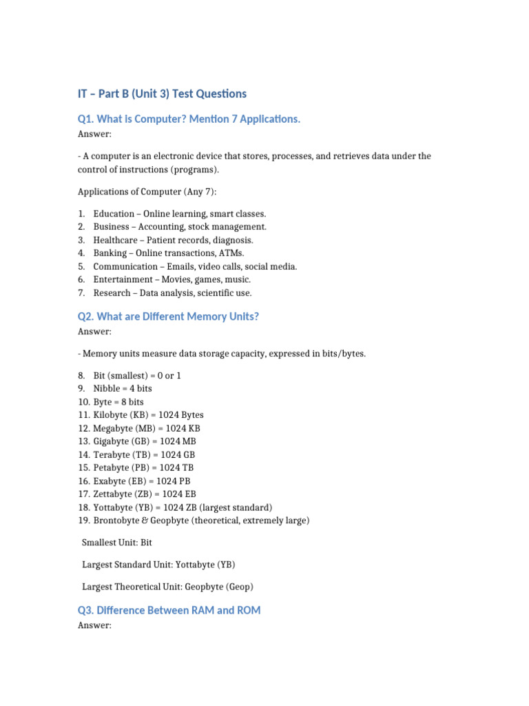 IT PartB Unit3 Test Questions | PDF | Byte | Random Access Memory