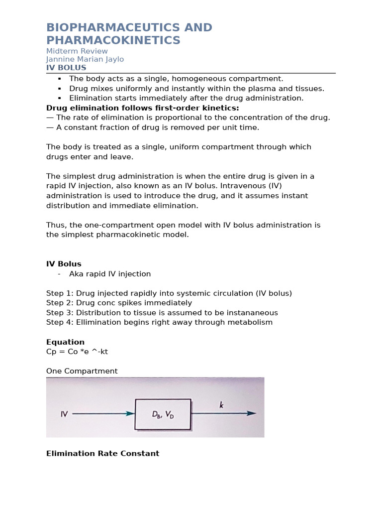 IV Bolus Pharmacokinetics Overview | PDF