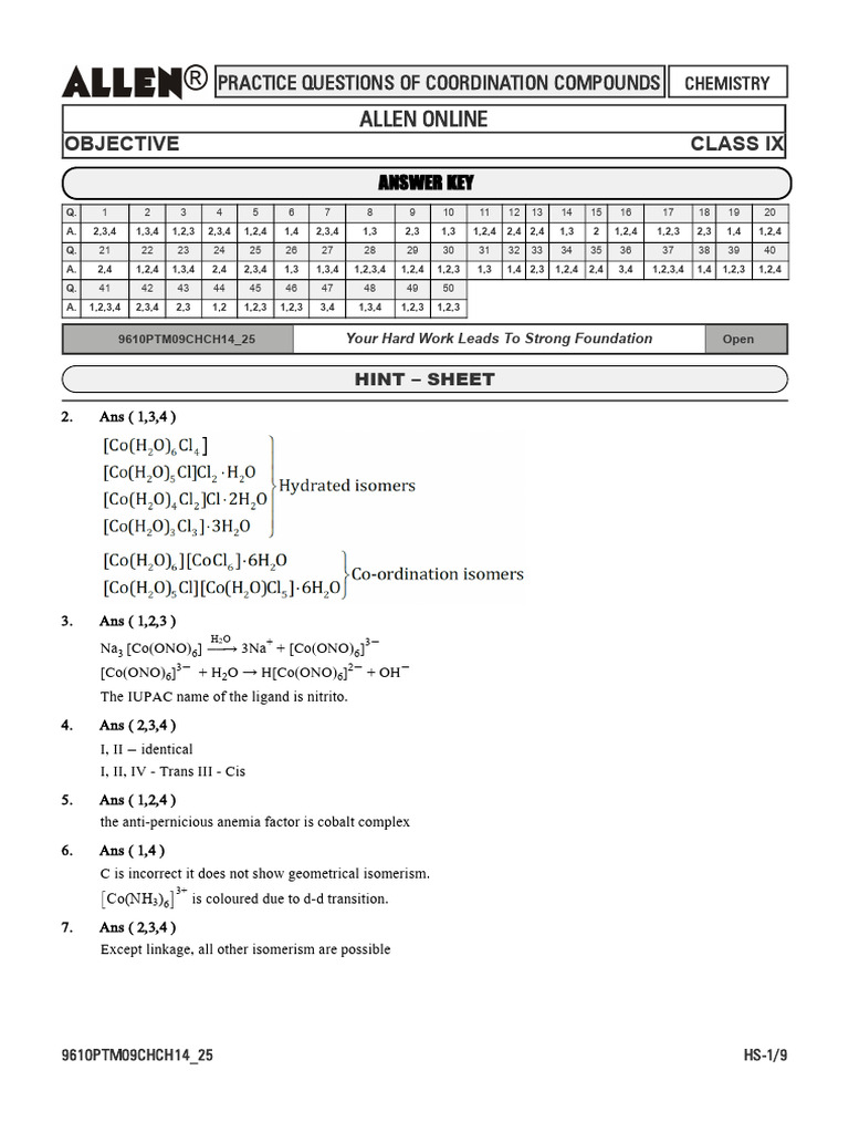 Prodigy 14 Coordination Compounds Solution | PDF | Coordination Complex | Isomer