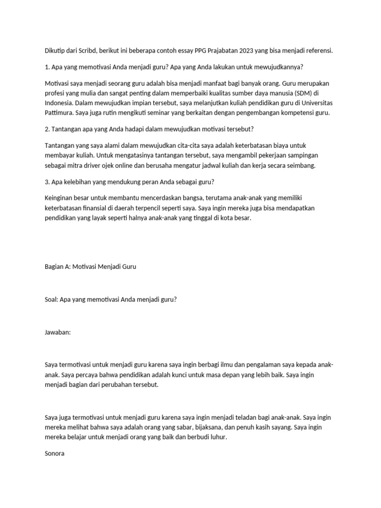 Contoh Essay PPG Prajabatan 2023 | PDF