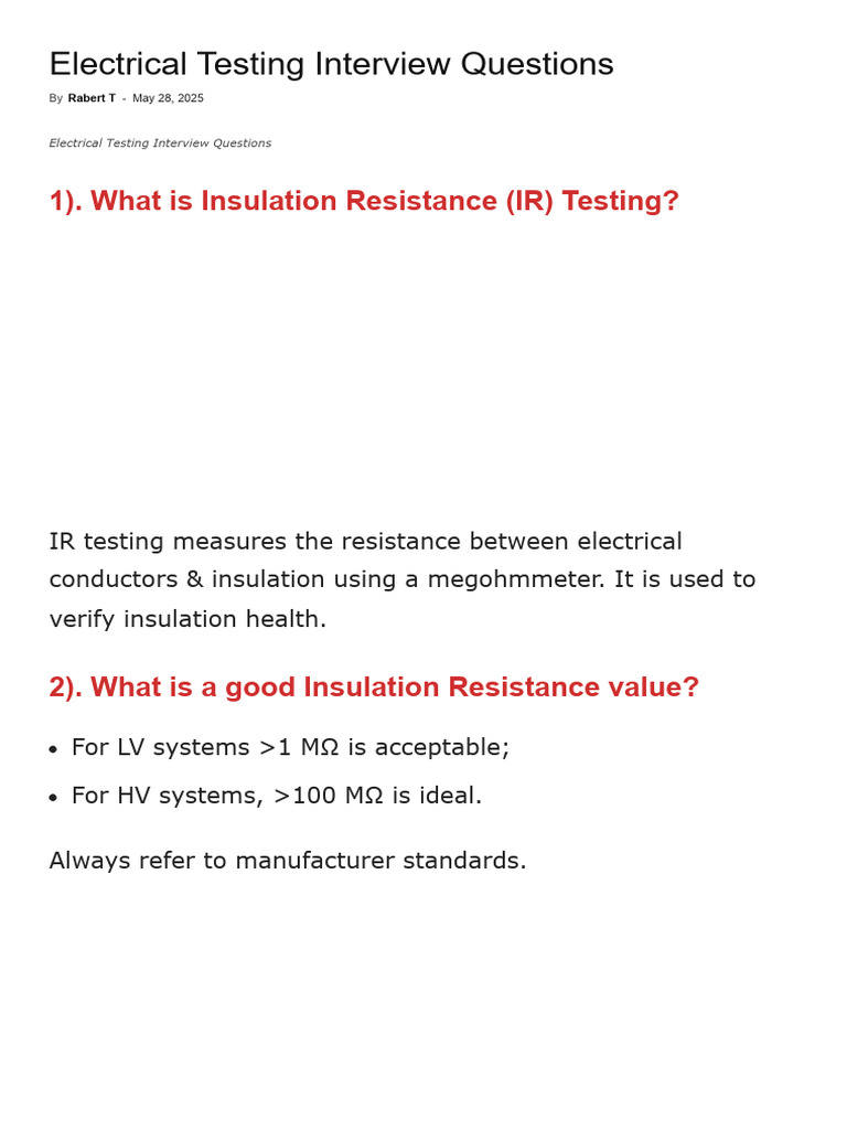 Essential Electrical Testing Interview Questions | PDF | Insulator ...