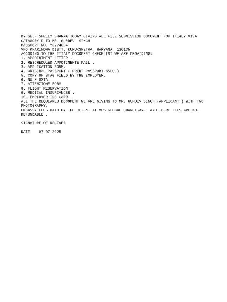 Italy Visa Document Submission Checklist | PDF