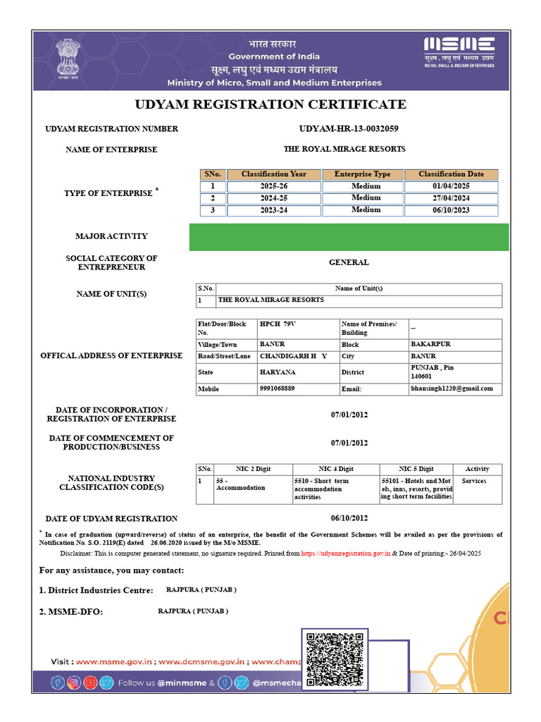 Udhyam Registration Hotel Line Format | PDF
