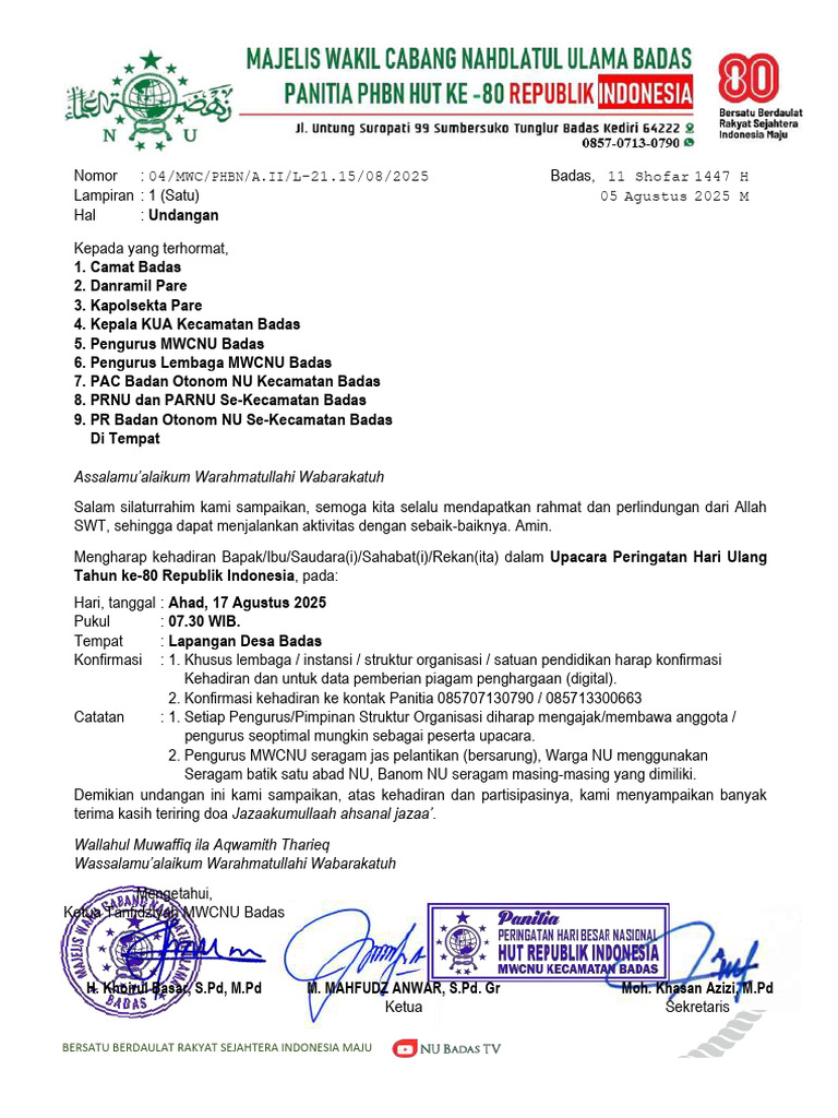 Undangan Upacara HUT RI ke-80 Badas | PDF