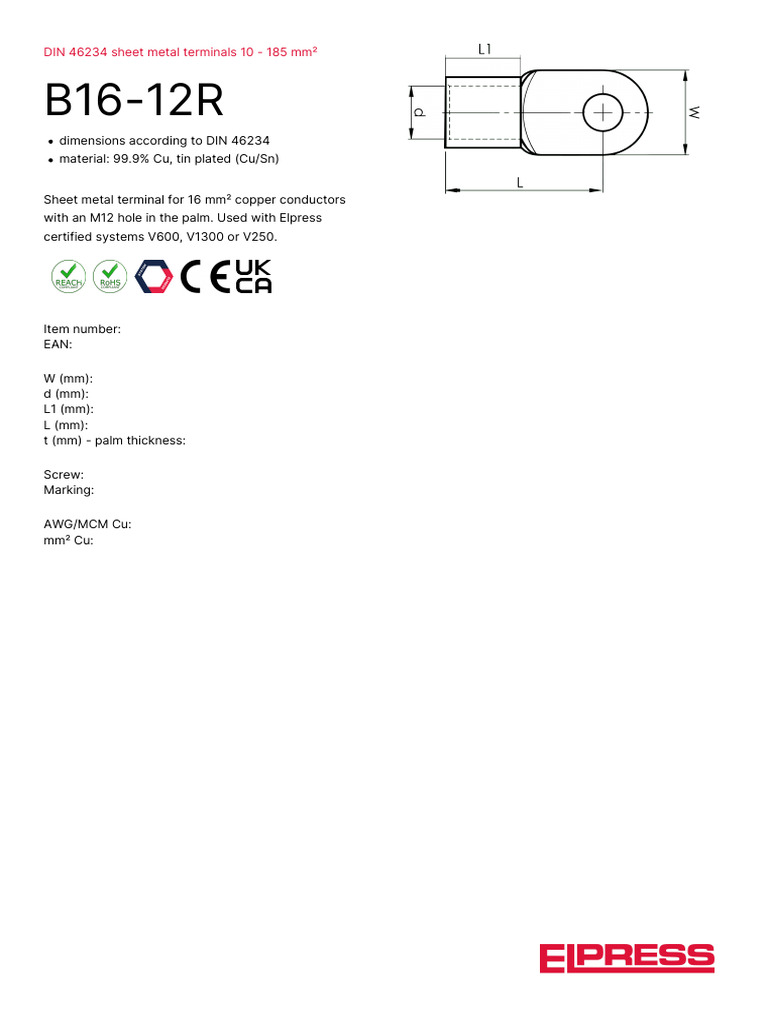 DIN 46234 Sheet Metal Terminal 16mm² | PDF