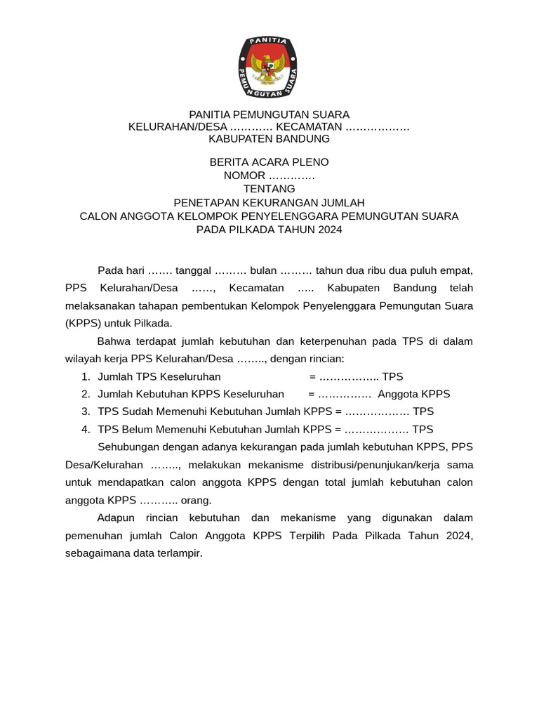 Contoh BERITA ACARA PPS PENETAPAN KEKURANGAN KPPS | PDF