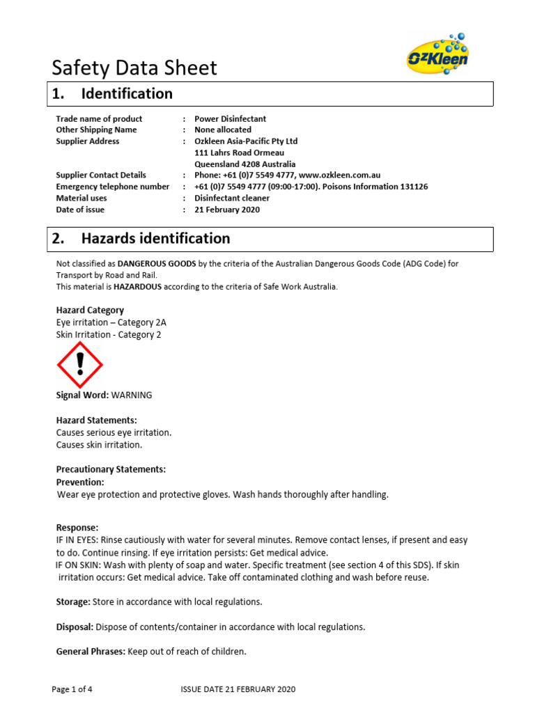 SDS Power Disinfectant Feb 2020 | PDF | Dangerous Goods | Disinfectant