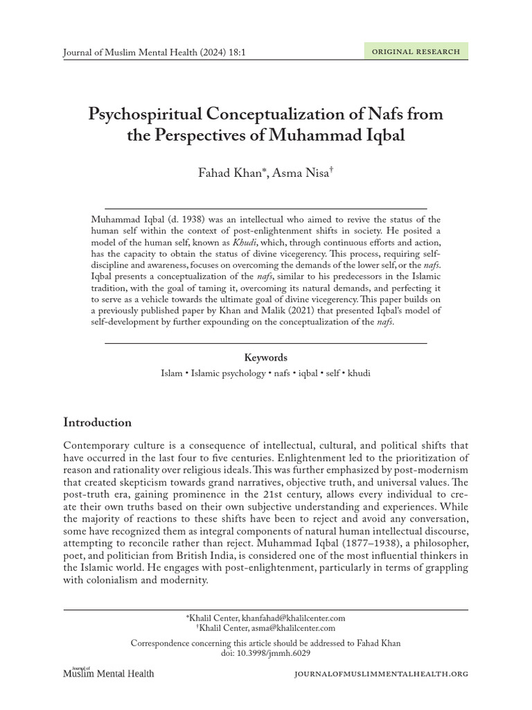 2024 Psychospiritual Conceptualization of Nafs From The Perspectives of Muhammad Iqbal | PDF ...