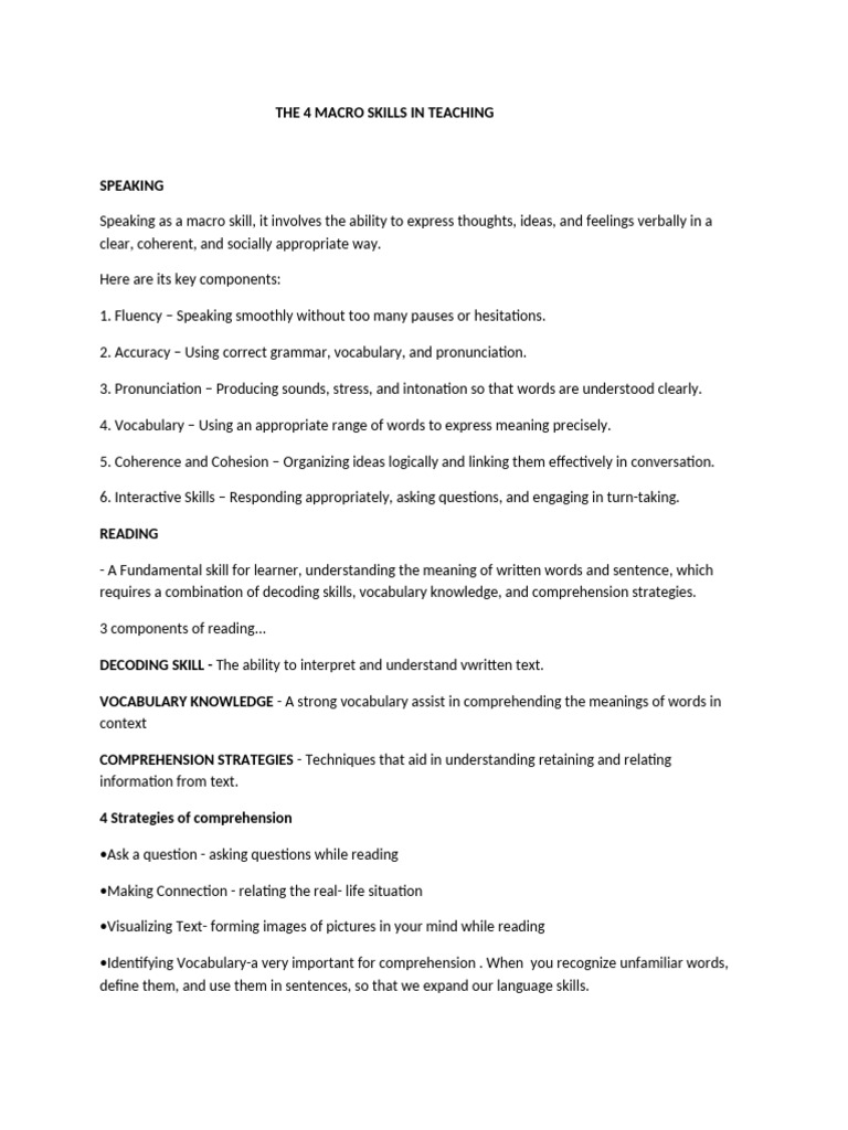 4 Essential Macro Skills in Teaching | PDF | Reading Comprehension ...