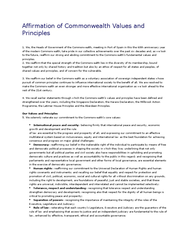 Affirmation of Commonwealth Values and Principles | Download Free PDF ...