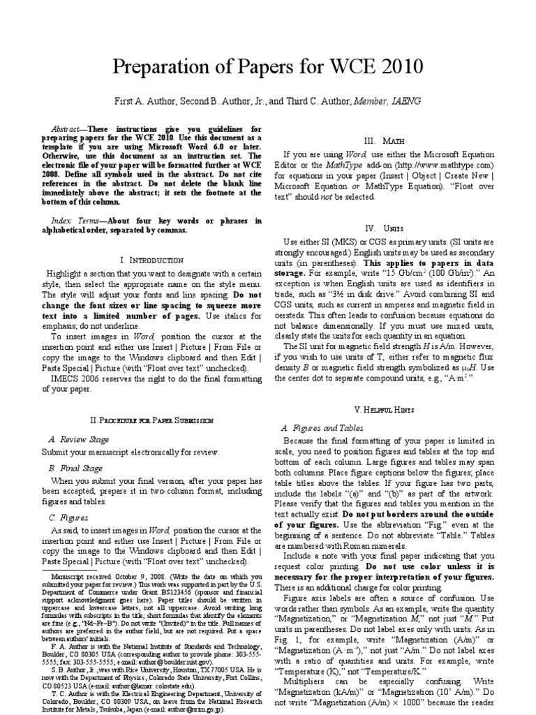 WCE2010 MSWord Template | Download Free PDF | Citation | Bracket