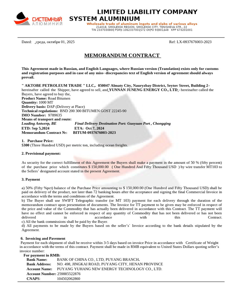 Memorandum Contract Ignots CIF | PDF