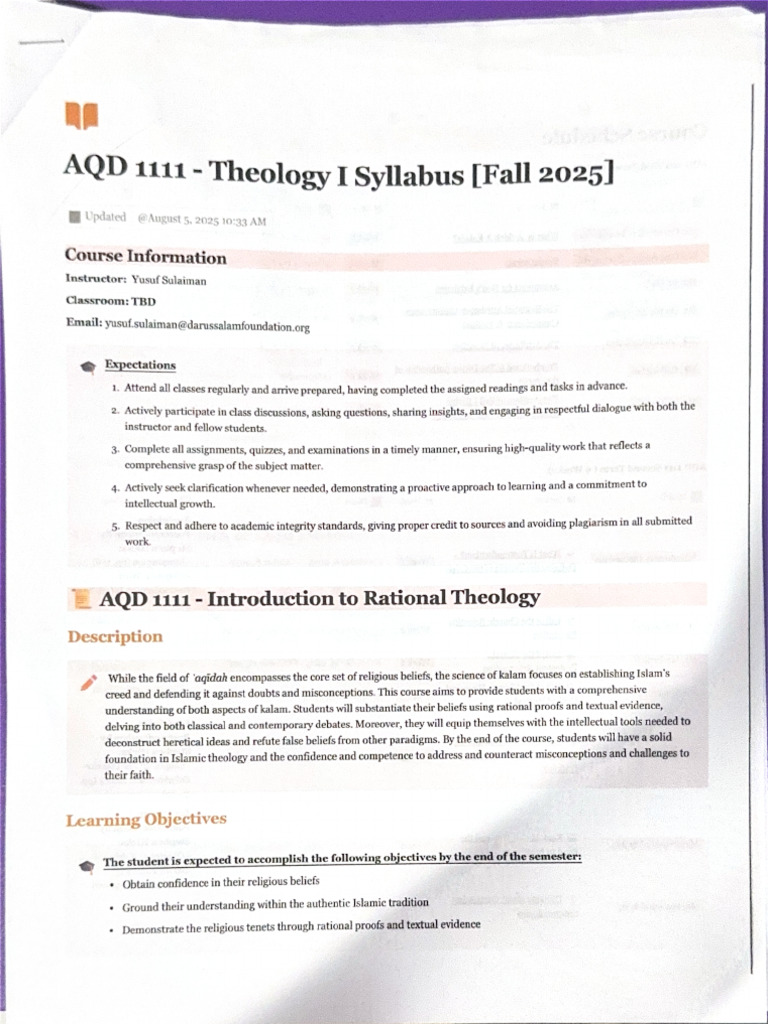 AQD 1111 - Theology I Syllabus (Fall 2025) | PDF