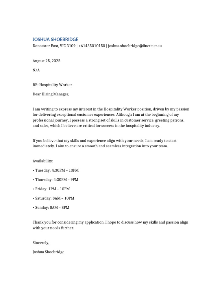 Joshua Shoebridge Cover Letter | PDF