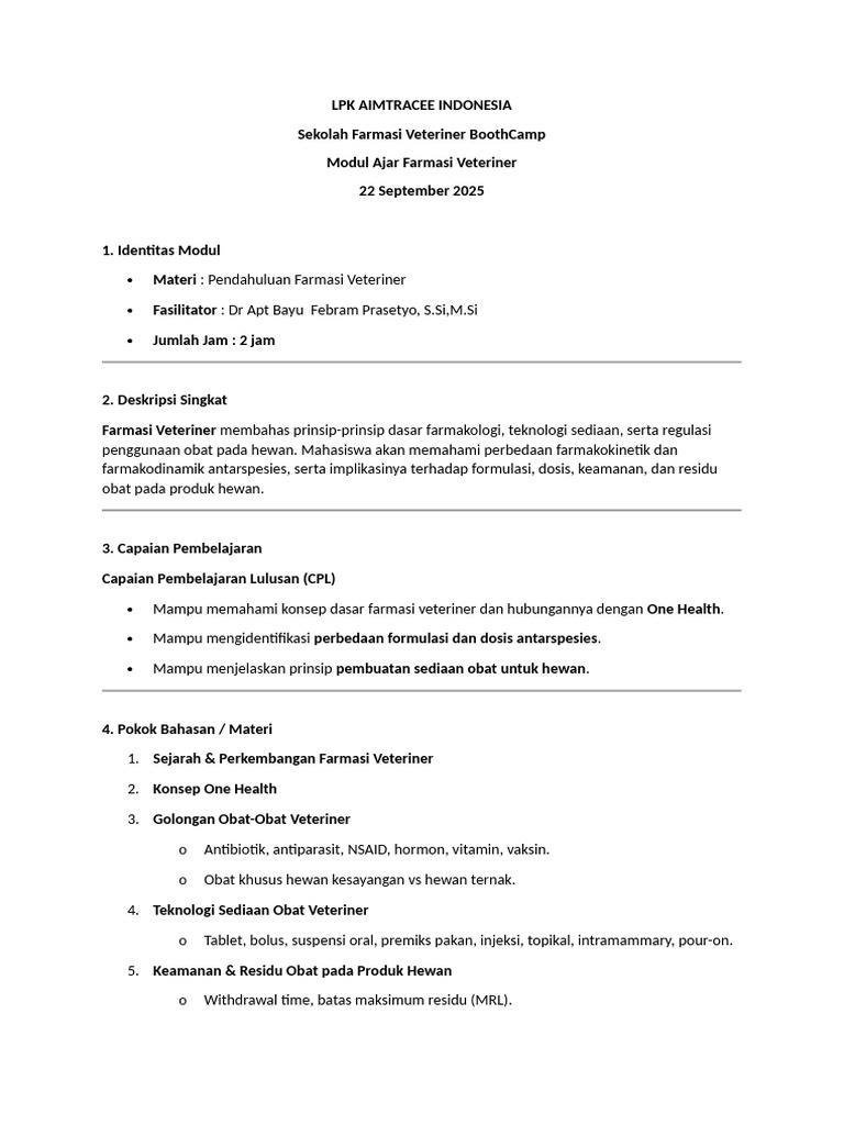 Modul Ajar Farmasi Veteriner AIMTRACEE | PDF