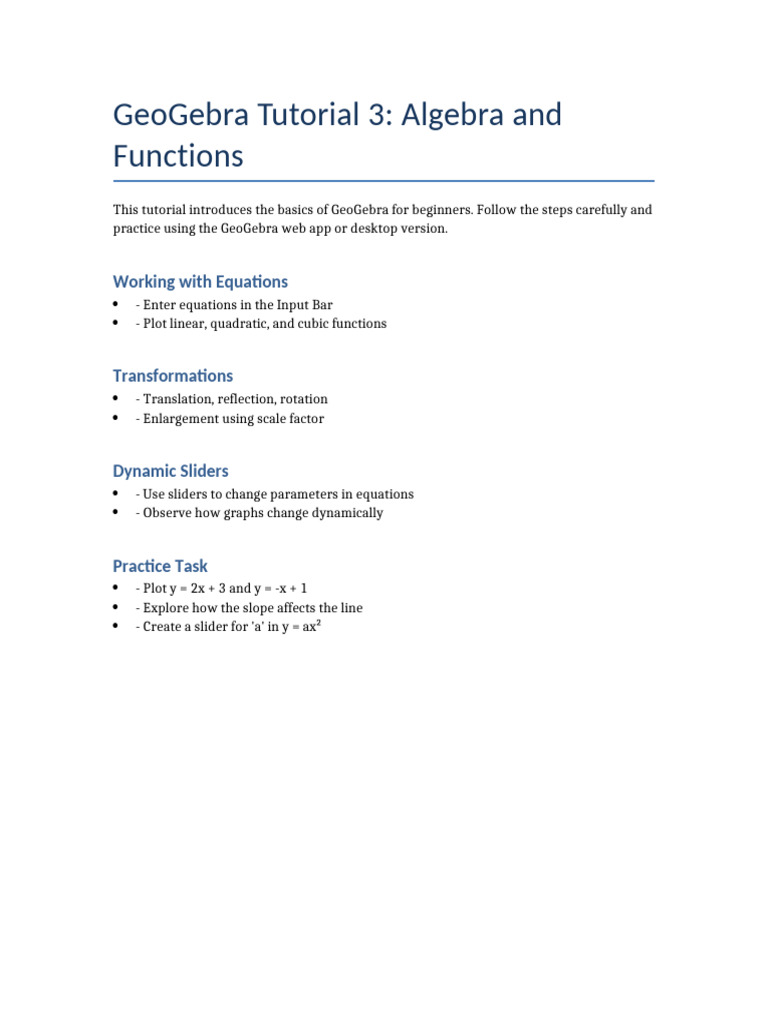 GeoGebra Basics: Algebra & Functions Guide | PDF