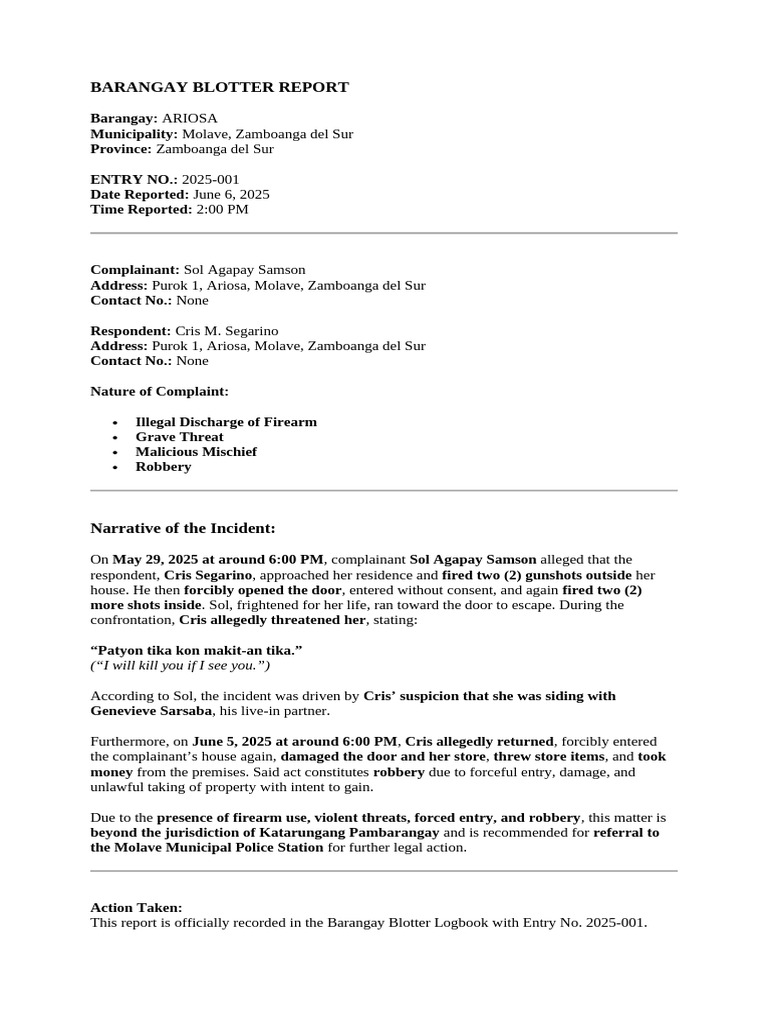 Barangay Blotter 2025 0606 001 | PDF