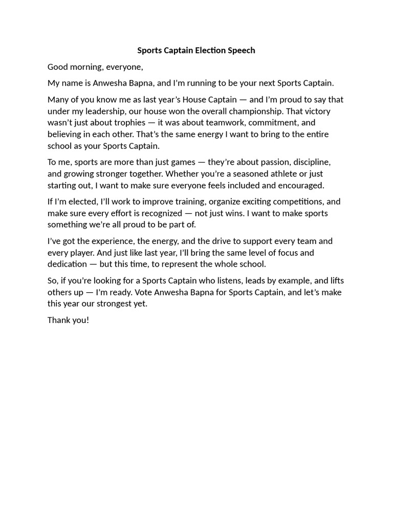 Anwesha's Sports Captain Speech | PDF