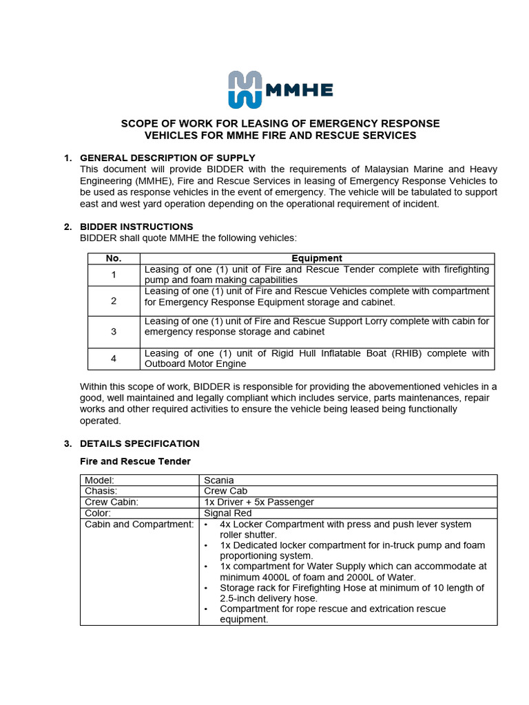 Emergency Response Vehicle Leasing Scope | PDF | Truck | Pump