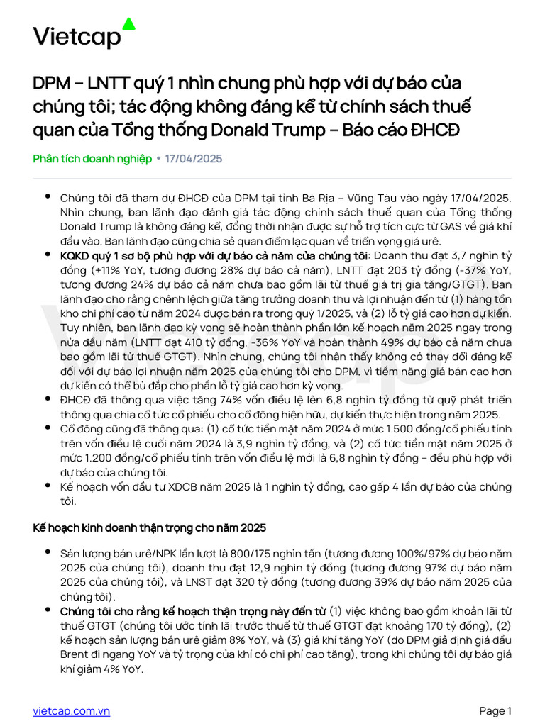 DPM LNTT Quy 1 Nhin Chung Phu Hop Voi Du Bao Cua Chung Toi Tac Dong ...