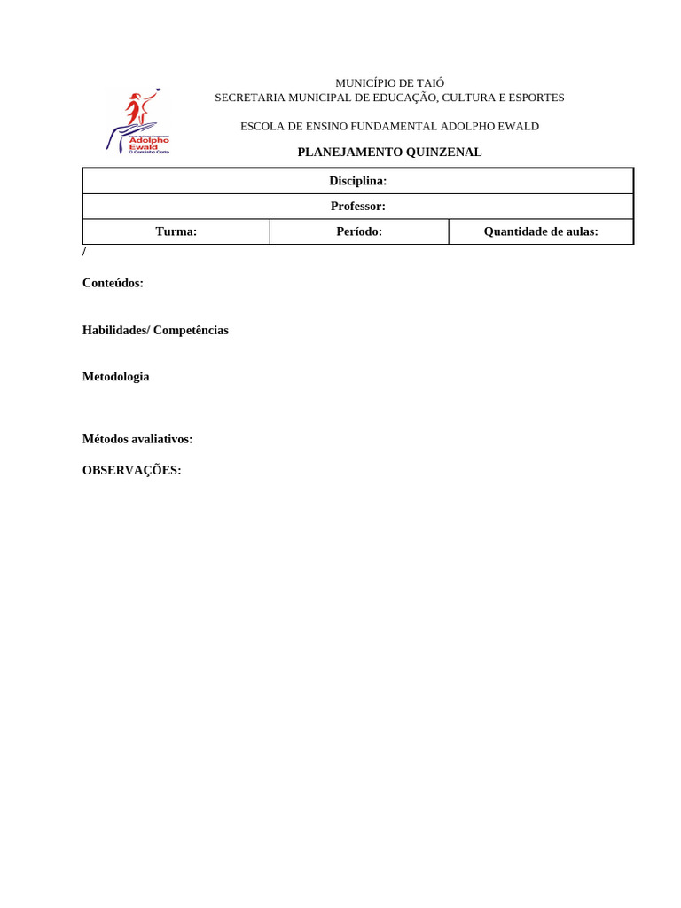 Planejamento Quinzenal da Escola Adolpho Ewald | PDF