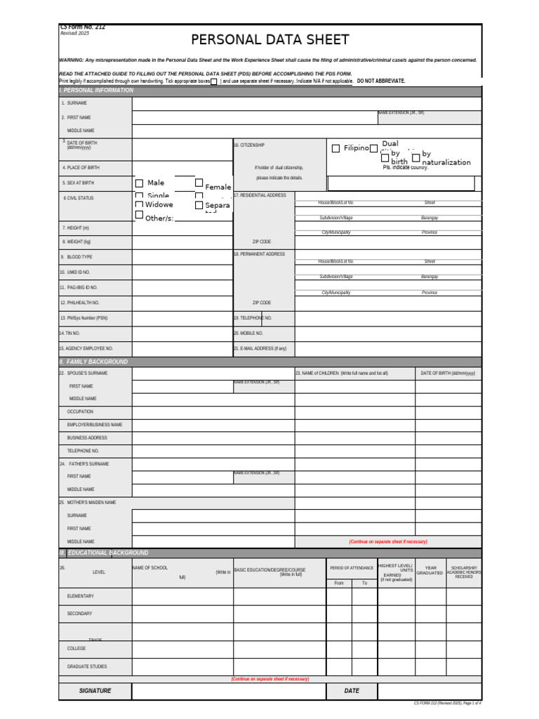 CS Form No. 212 Revised 2025 - Personal Data Sheet | PDF | Government ...