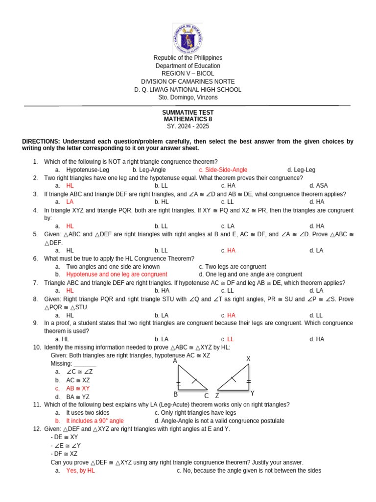 Right Triangle Congruency Test | PDF | Perpendicular | Euclidean Plane ...