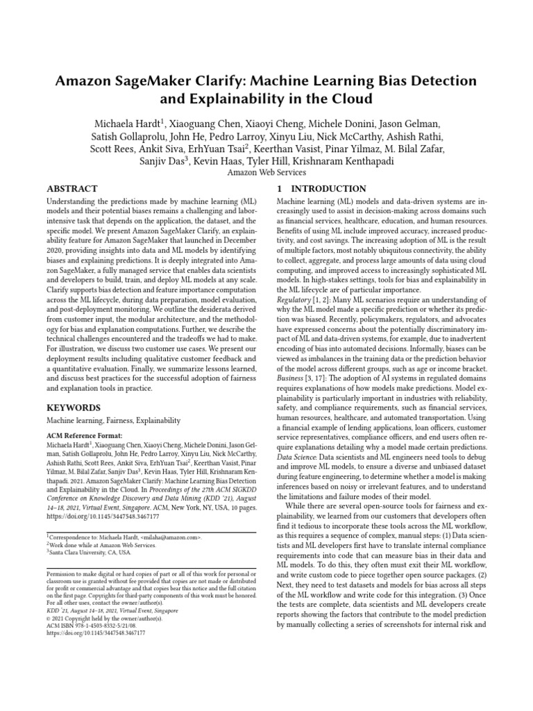 Amazon SageMaker Clarify - Machine Learning Bias Detection and Explainability in The Cloud | PDF ...