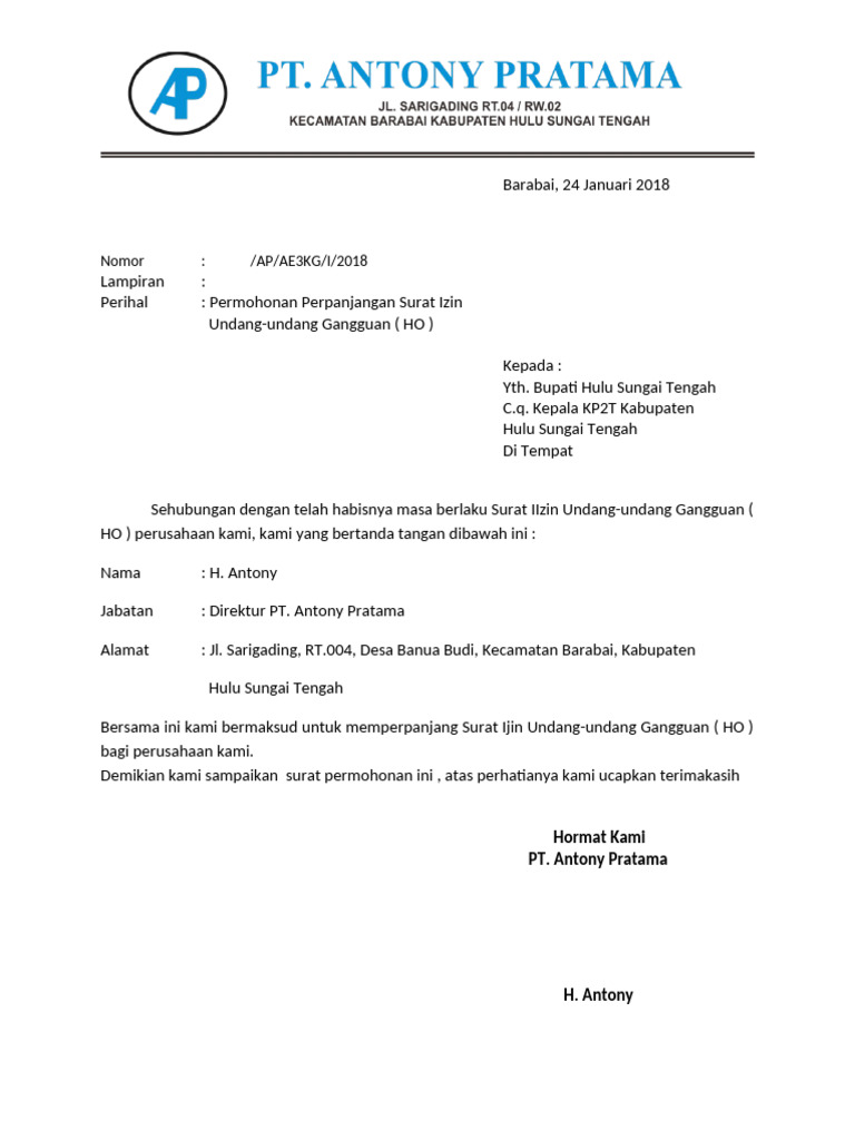 Permohonan Perpanjangan Surat HO | PDF