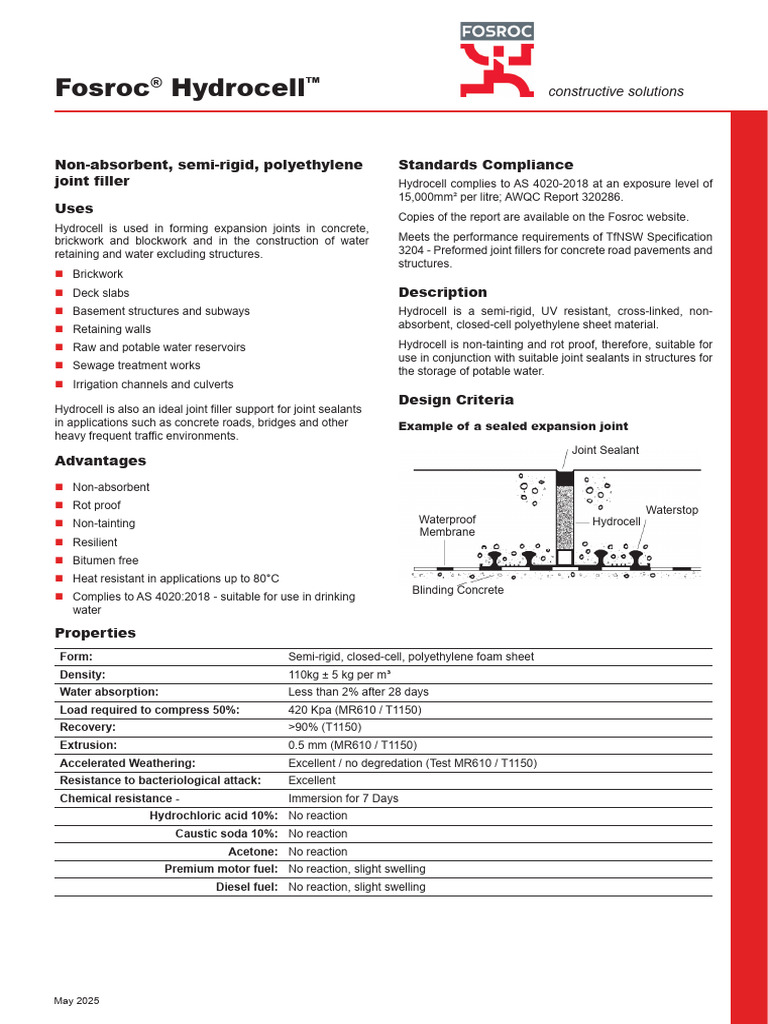 Fosroc Hydrocell TDS | PDF | Concrete | Building Materials