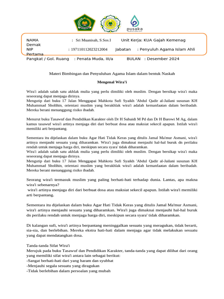 Mengenal Wira'I - Anis | PDF