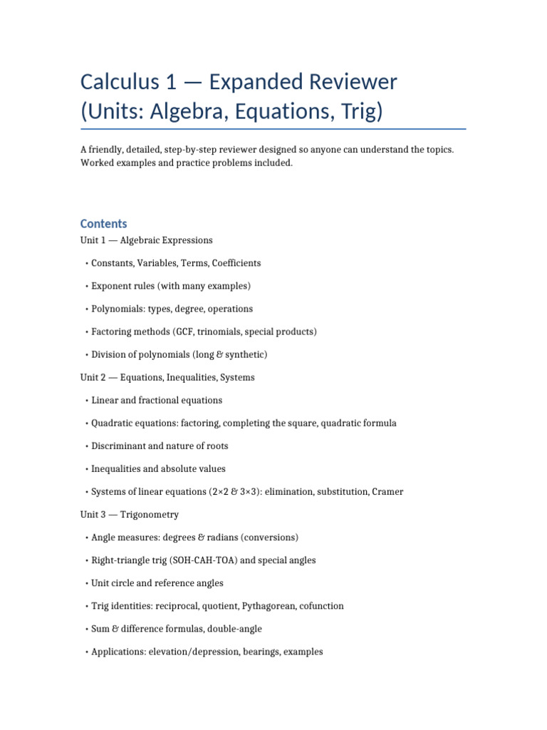 Calculus 1: Algebra, Equations, Trig Review | PDF | Polynomial | Equations